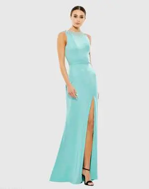 Mac Duggal Sleeveless Rhinestone Collar Column Gown