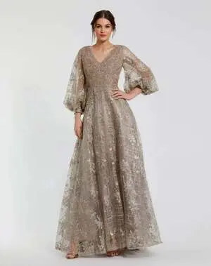 Mac Duggal Embellished Plunge Neck Puff Sleeve A-line Gown