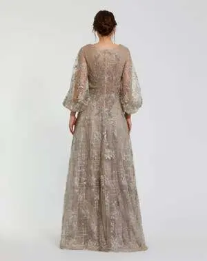 Mac Duggal Embellished Plunge Neck Puff Sleeve A-line Gown