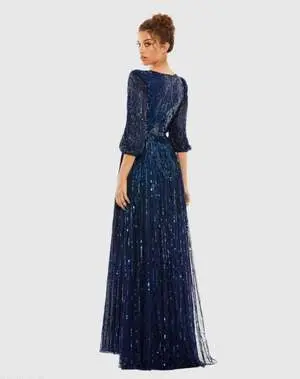 Mac Duggal Sequin-embellished 3/4 Sleeve Wrap Gown