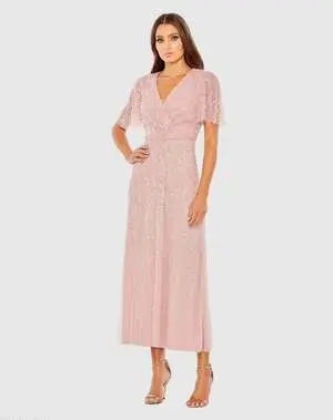 Mac Duggal Beaded Wrap Over Dress With Butterfly Sleeves