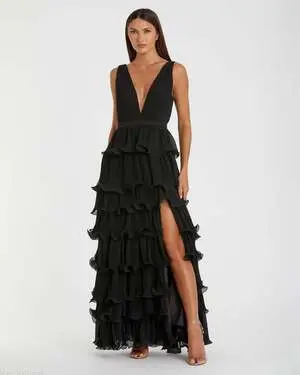 Mac Duggal Sleeveless Ruffle Tiered V-neck Gown - Black