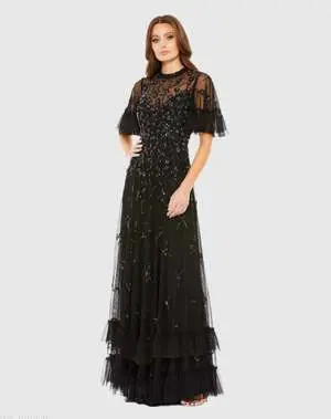 Mac Duggal Embellished Flutter Sleeve Gown - Black