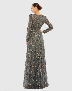 Mac Duggal Embellished High Neck Long Sleeve Gown - Gray