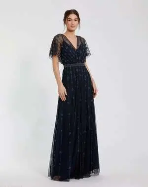 Mac Duggal V-neck Embellished Flutter Sleeve A-line Gown - Navy