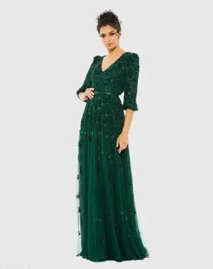 Mac Duggal Embellished V-neck A-line Gown - Green