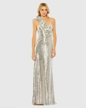 Mac Duggal Sequin Ruffled One Shoulder Gown - Silver