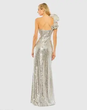 Mac Duggal Sequin Ruffled One Shoulder Gown - Silver