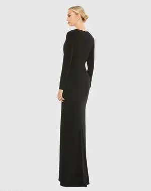 Mac Duggal Jersey Long Sleeve Asymmetrical Ruched Gown - Black