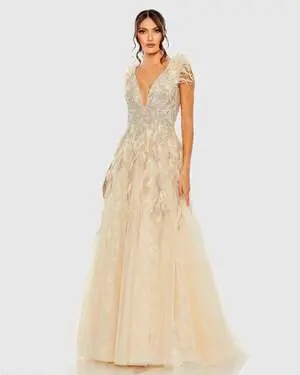 Mac Duggal Embellished Feathered A-line Gown