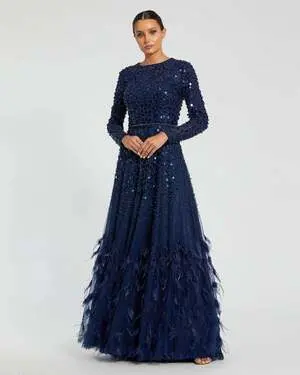 Mac Duggal Disc And Sequin Embellished Gown With Feathers - Navy