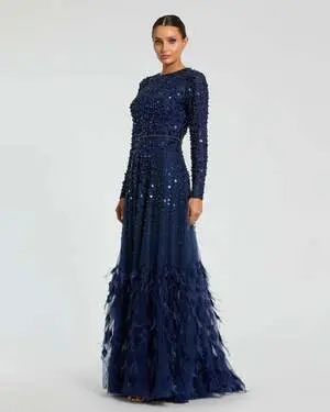 Mac Duggal Disc And Sequin Embellished Gown With Feathers - Navy