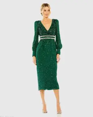 Mac Duggal Sequined V-neck Bishop Sleeve Dress - Emerald