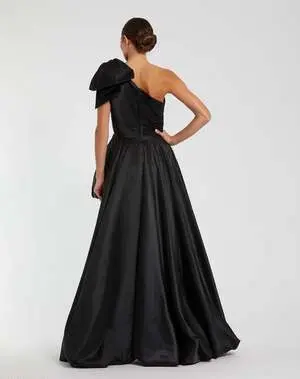 Mac Duggal One Shoulder Bow Gown With High-low Hem - Black