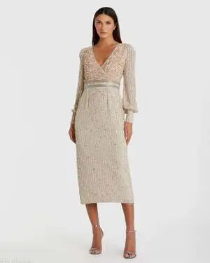 Mac Duggal Sequined V-neck Bishop Sleeve Dress - Neutral