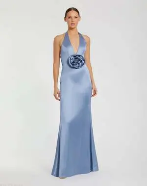 Mac Duggal Satin Halter Neck Gown With Rosette - Blue