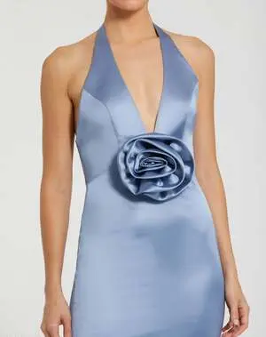 Mac Duggal Satin Halter Neck Gown With Rosette - Blue