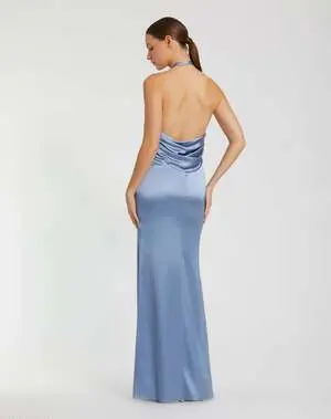 Mac Duggal Satin Halter Neck Gown With Rosette - Blue