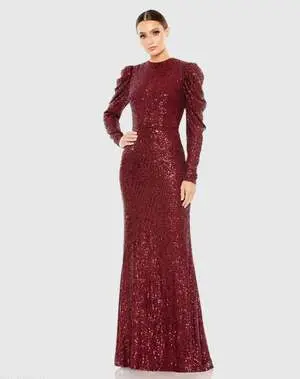 Mac Duggal Sequin High Neck Column Gown With Long Puff Sleeves - Red