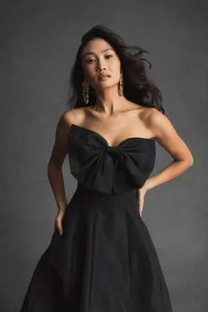 Mac Duggal Strapless A-line Tea Length Bow Dress - Black