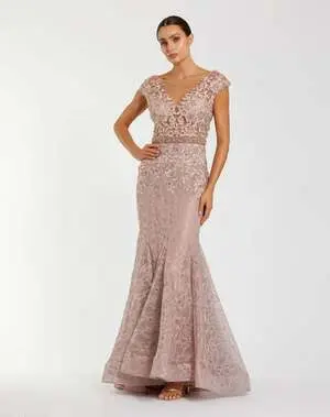 Mac Duggal High Neck Mermaid Gown With Floral Shoulder Detail - Pink
