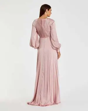 Mac Duggal Pleated High Neck Raglan Long Sleeve Side Slit Gown - Pink