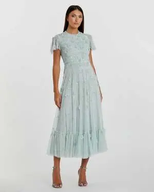 Mac Duggal Embellished High Neck Flutter Sleeve A-line Dress - Blue