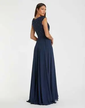 Mac Duggal Cap Sleeve Applique Bodice Flowy Gown - Navy