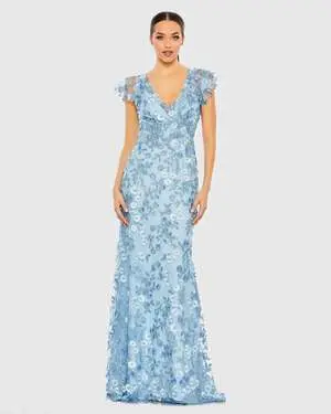 Mac Duggal Embroidered Applique Flutter Sleeve Gown - Blue