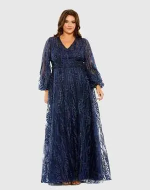 Mac Duggal V-neck Puff Sleeve Embroidered A-line Gown - Navy