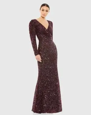 Mac Duggal Puff Shoulder Sequin Column Gown