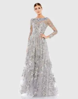 Mac Duggal Embroidered Illusion Neckline A-line Evening Gown - Gray