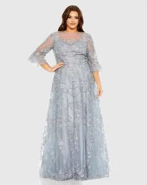Mac Duggal High Neck Flutter Sleeve Embroidered A-line Gown - Blue