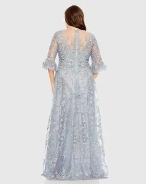 Mac Duggal High Neck Flutter Sleeve Embroidered A-line Gown - Blue