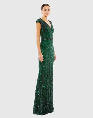 Mac Duggal Embellished V-neck Cap Sleeve Sequin Gown
