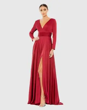 Long Sleeve Ruched Satin Gowns