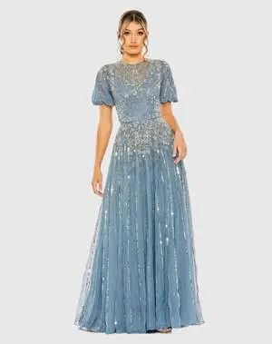 Mac Duggal High Neck Embellished Puff Sleeve A-line Gown - Blue