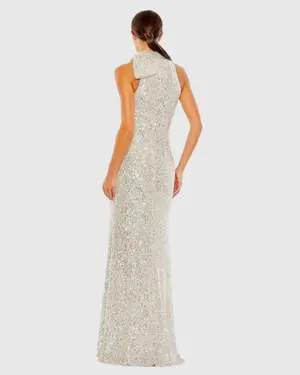 Mac Duggal Sequin Halter Neck Gown - Silver