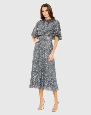 Mac Duggal Embellished Cape High Neck Midi Dress - Gray