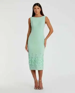 Mac Duggal Crepe Sleeveless Midi Dress With Flower Beading - Green