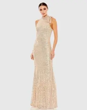 Mac Duggal Soft Tie Halter Neck Sequin Gown - Gold