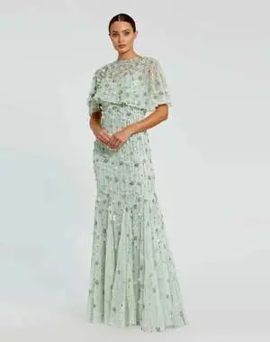 Mac Duggal Embellished Illusion Cape Sleeve Trumpet Gown - Green