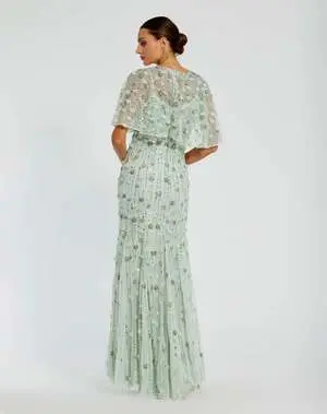 Mac Duggal Embellished Illusion Cape Sleeve Trumpet Gown - Green