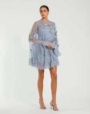 Mac Duggal Embellished Long Cape Sleeve Mini Dress With Ruffle Hem - Blue