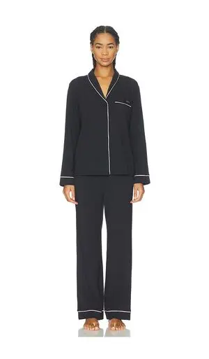 Lunya Slumberknit Shawl Collar Button Down Pant Set - Immersed Black & Delicate Pink