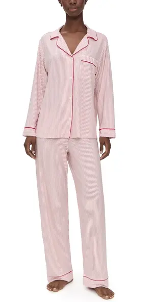 Eberjey Gisele Printed Long Pajama Set - Duo Stripe Hollyred/hollyred