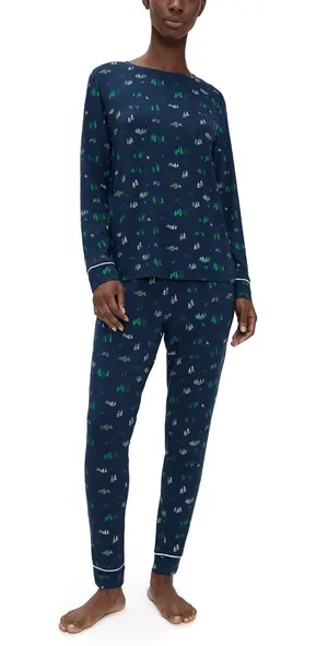 Eberjey Gisele Printed Crew Pajama Set - Forest Pine Navy/ivory