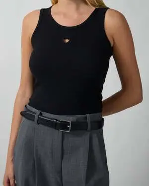 CLOEYS Heart Cut-out Ribbed Tank Top - Black