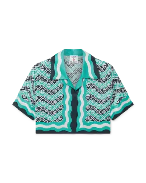 Casablanca Monogram Wave Cropped Short Sleeve Silk Shirt