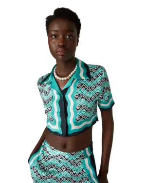 Casablanca Monogram Wave Cropped Short Sleeve Silk Shirt